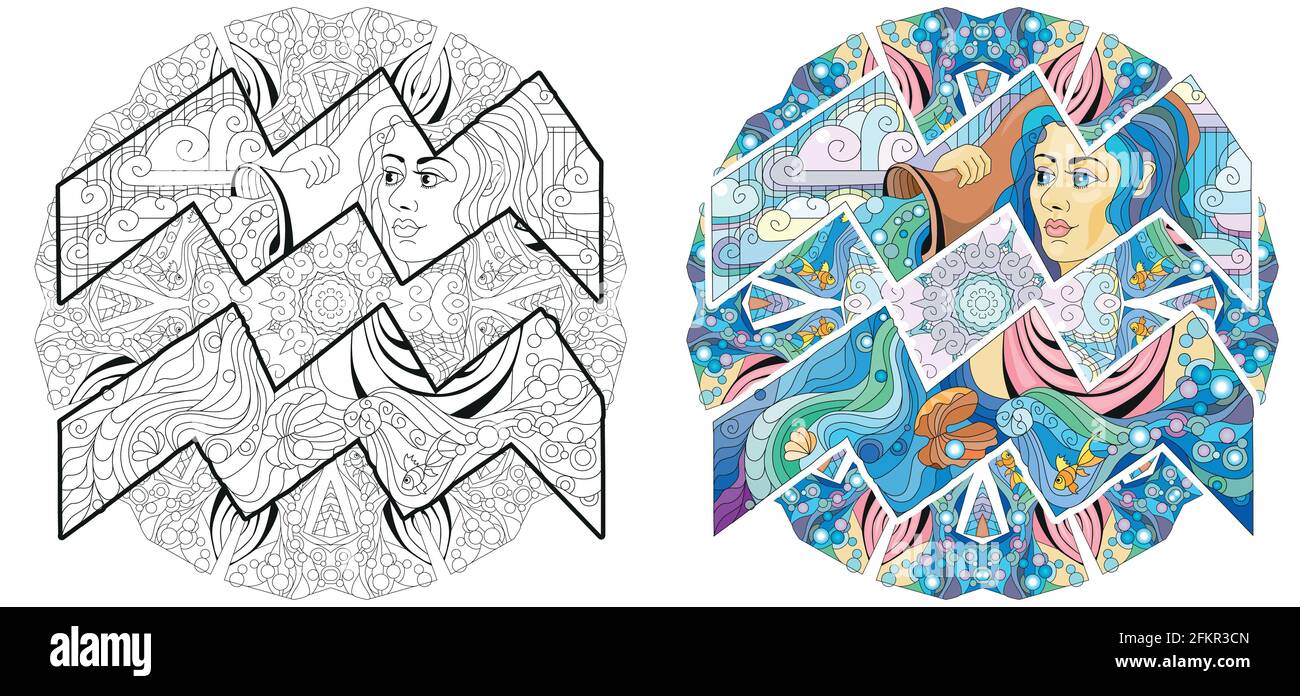 Aquarius zodiac sign with mandala, astrology concept art for coloring ...