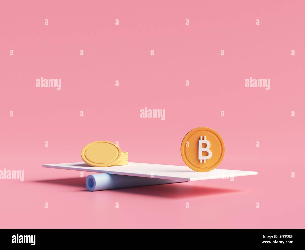 Bitcoin coin vs traditional currency coins on balancing scales. Bitcoin ...