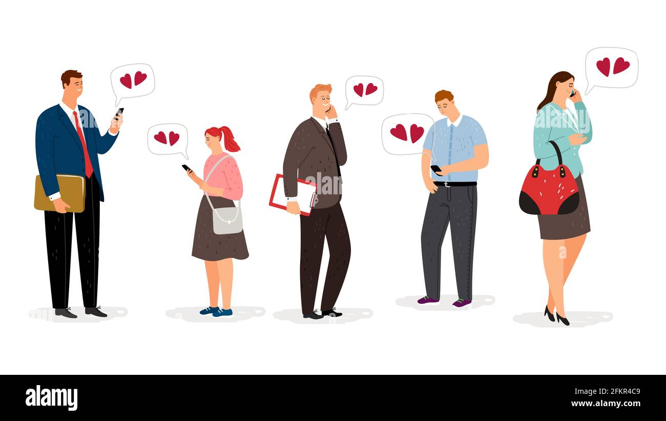 Distance love. Flat cartoon characters with smartphones. Adults ...