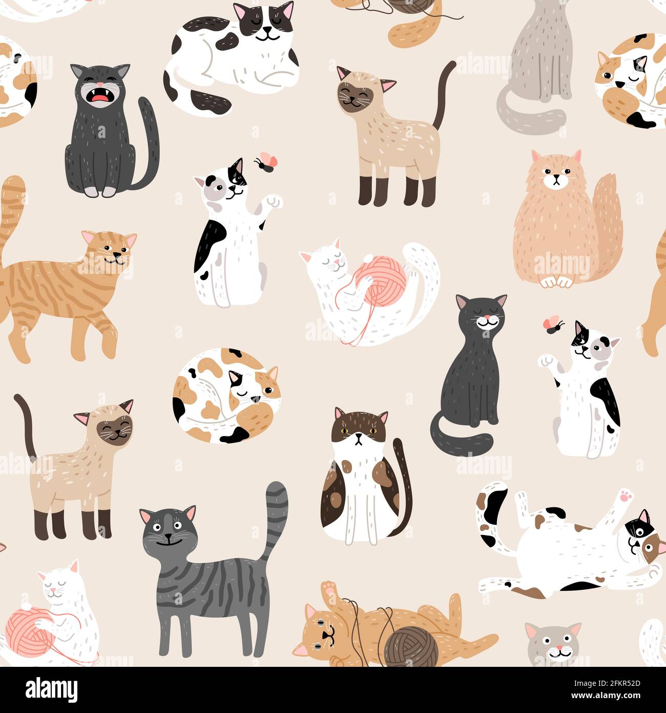 Kitty seamless pattern. Color cute cats vector background, colorful ...