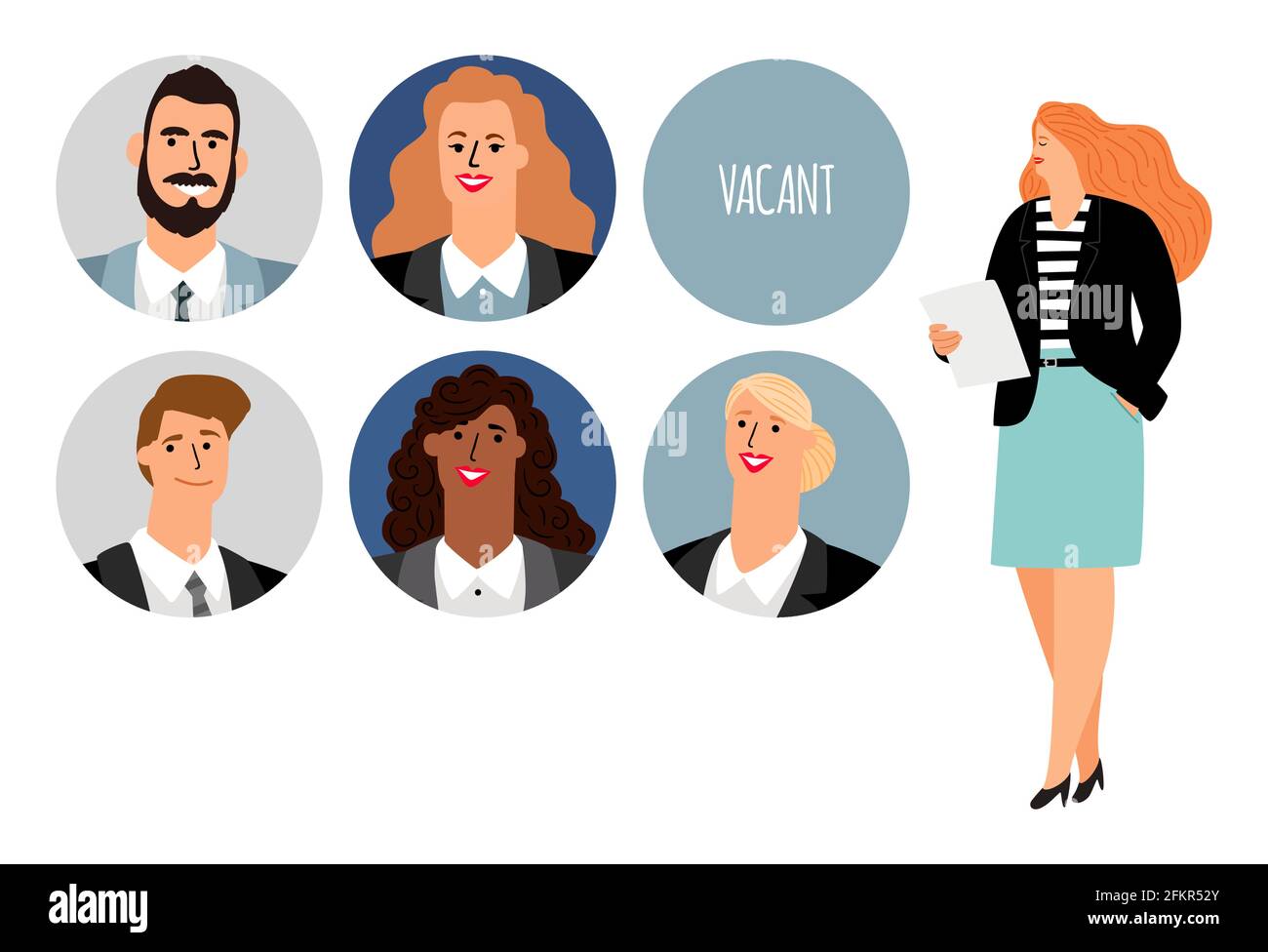 HR management. Business woman finding workers. We are hiring vector ...