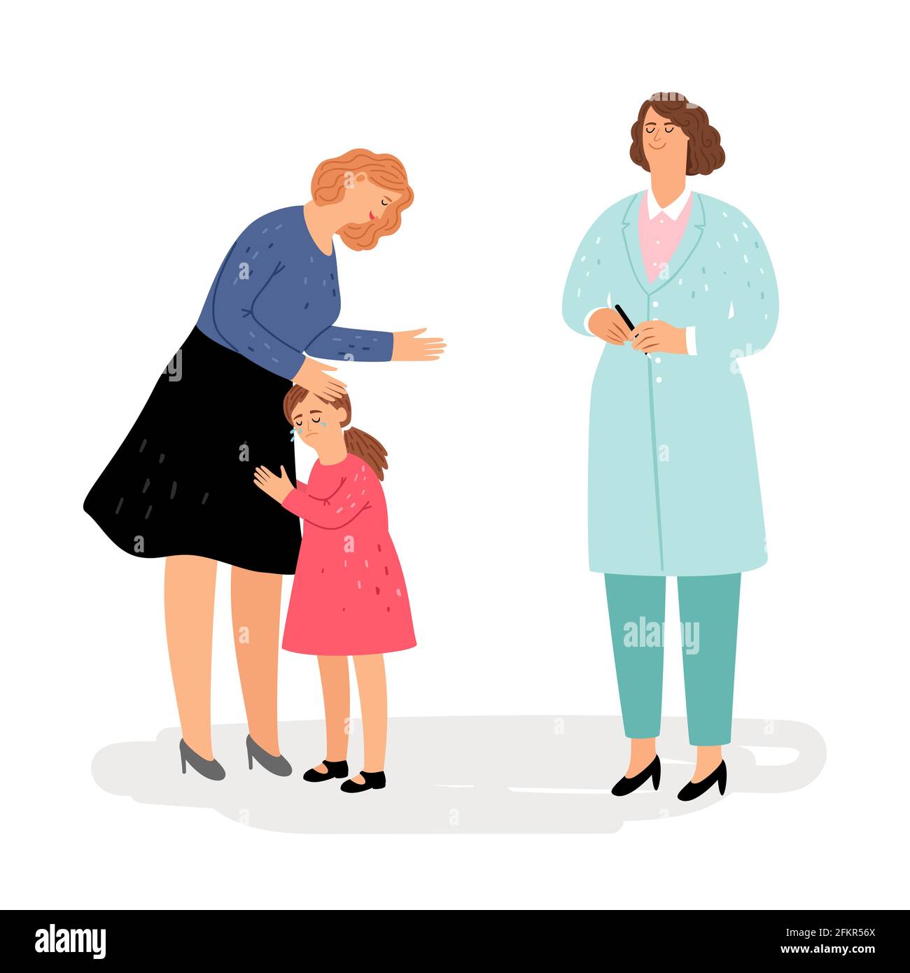 Visit to pediatrician. Crying baby and mom, medical check up. Sad girl ...