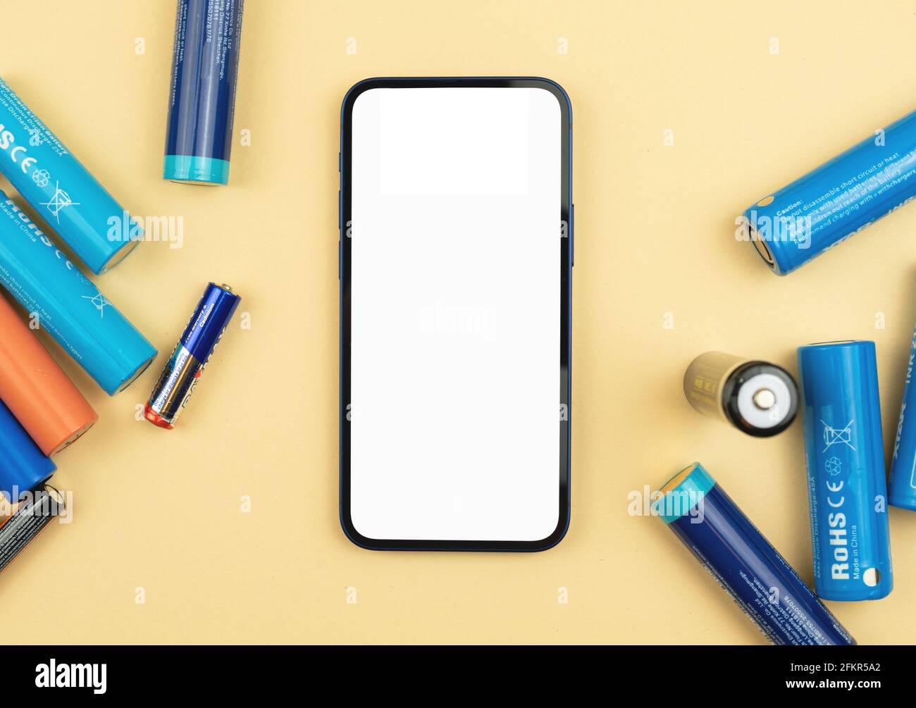 Batteries recycling mobile phone mockup with blank white screen ...