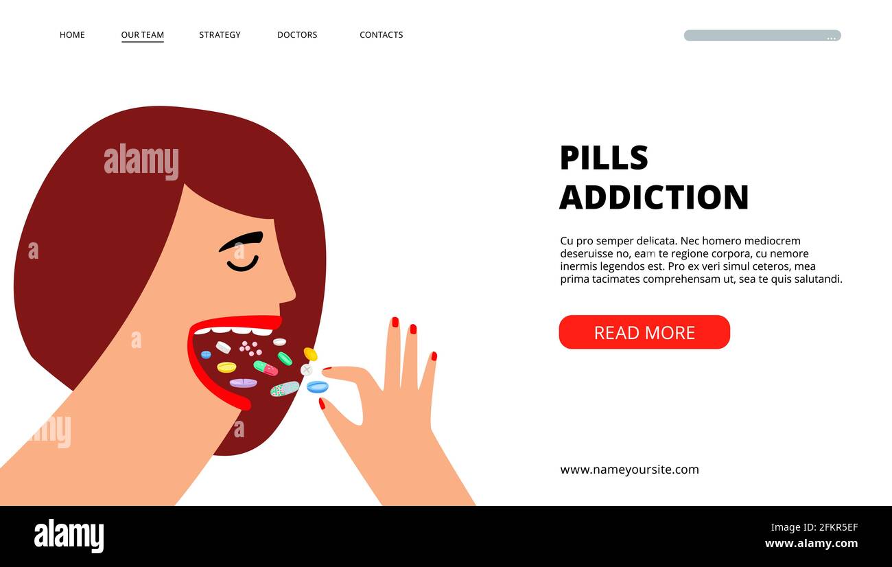 Pills addiction web page. Woman eat medication. Treatment and drugs ...