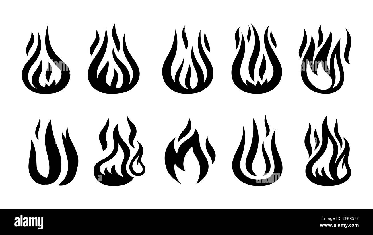 Flame silhouettes. Black firing icons, warning symbols isolated on ...