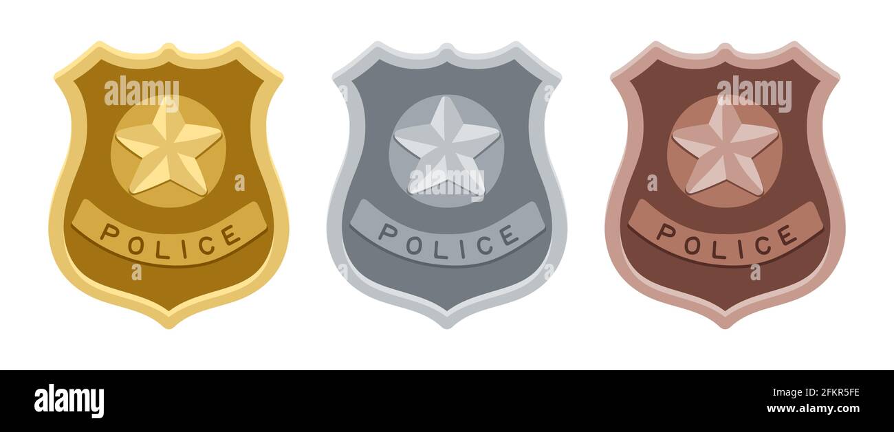 Police badges. Gold, silver and bronze shields. Isolated law ...