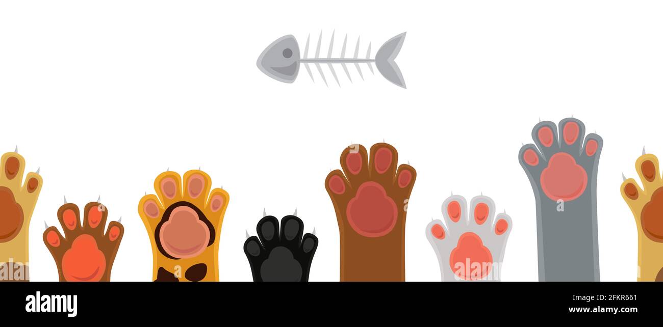 Cat paws. Cute cartoon feet cats and fish skeleton. Isolated animal ...