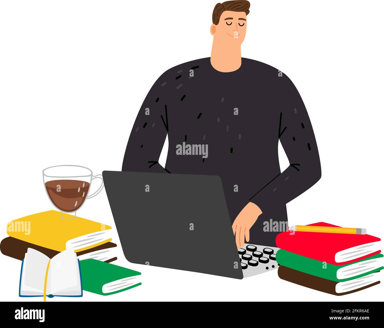 Student studying. Guy at computer with books. Study, session time. Self ...