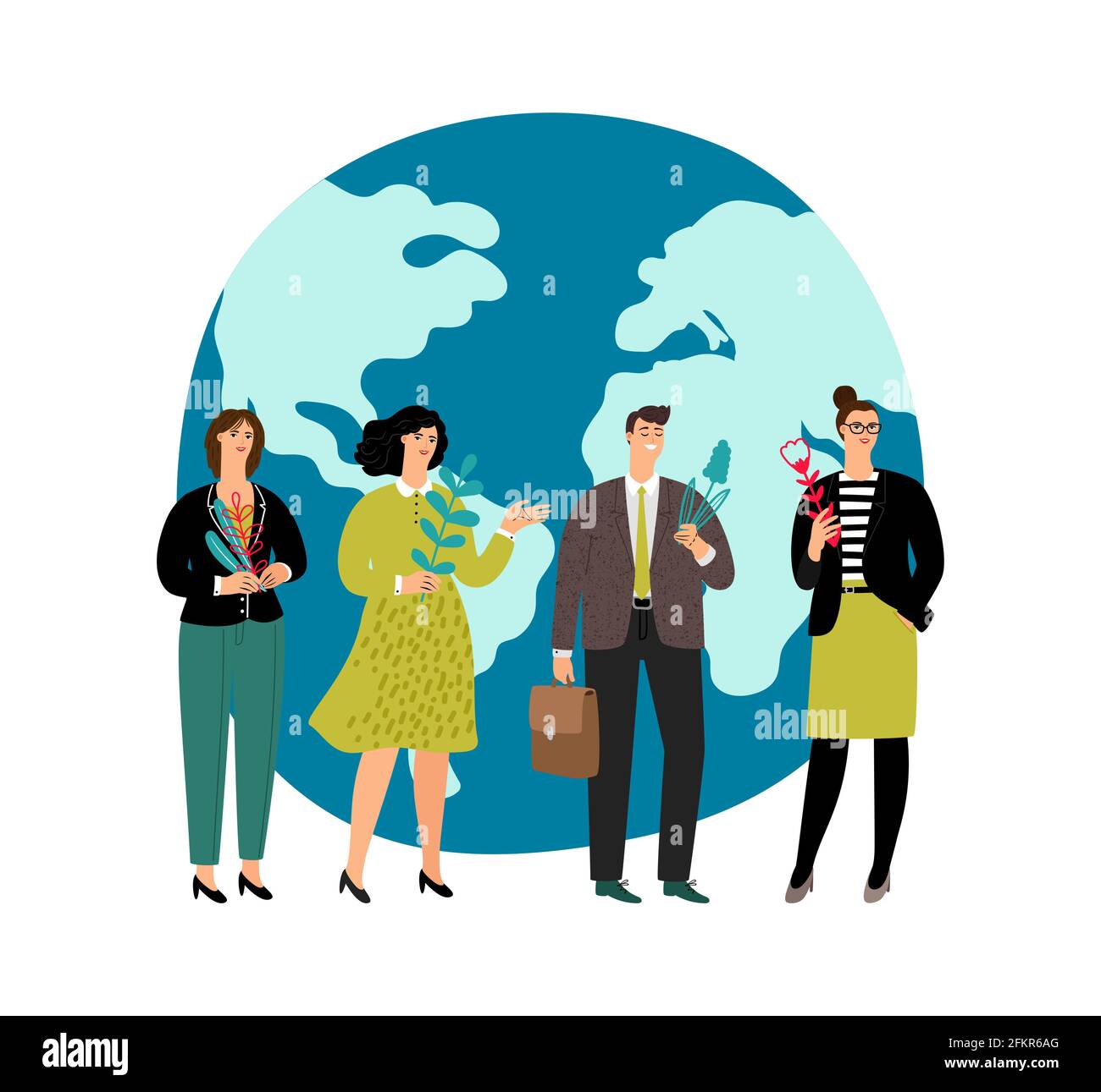 People and planet. Earth, man and women with plants. Eco or green ...