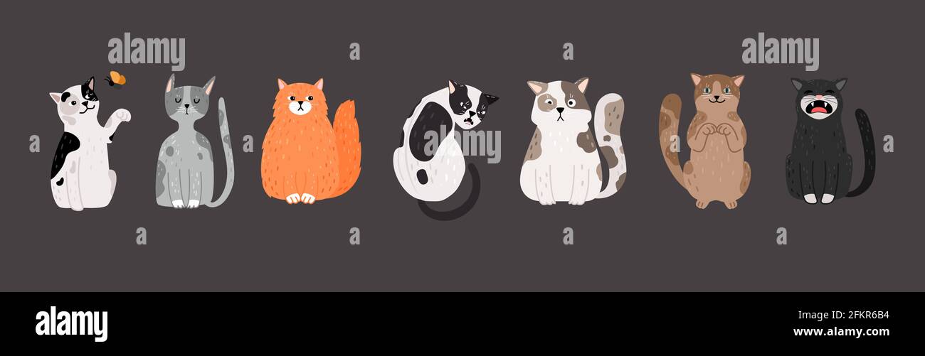 Seated cats. Doodle pets with different emotions. Cute, angry ...