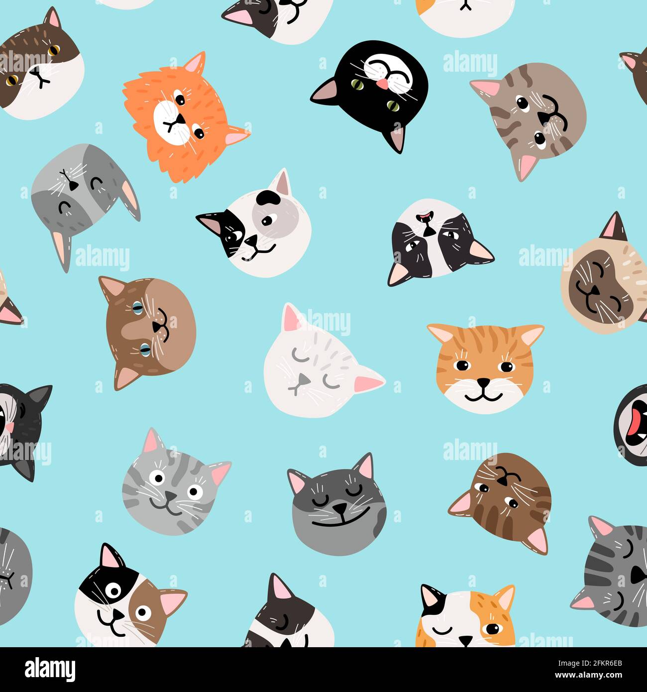 Cats characters pattern. Cute cat faces seamless pattern, colored ...