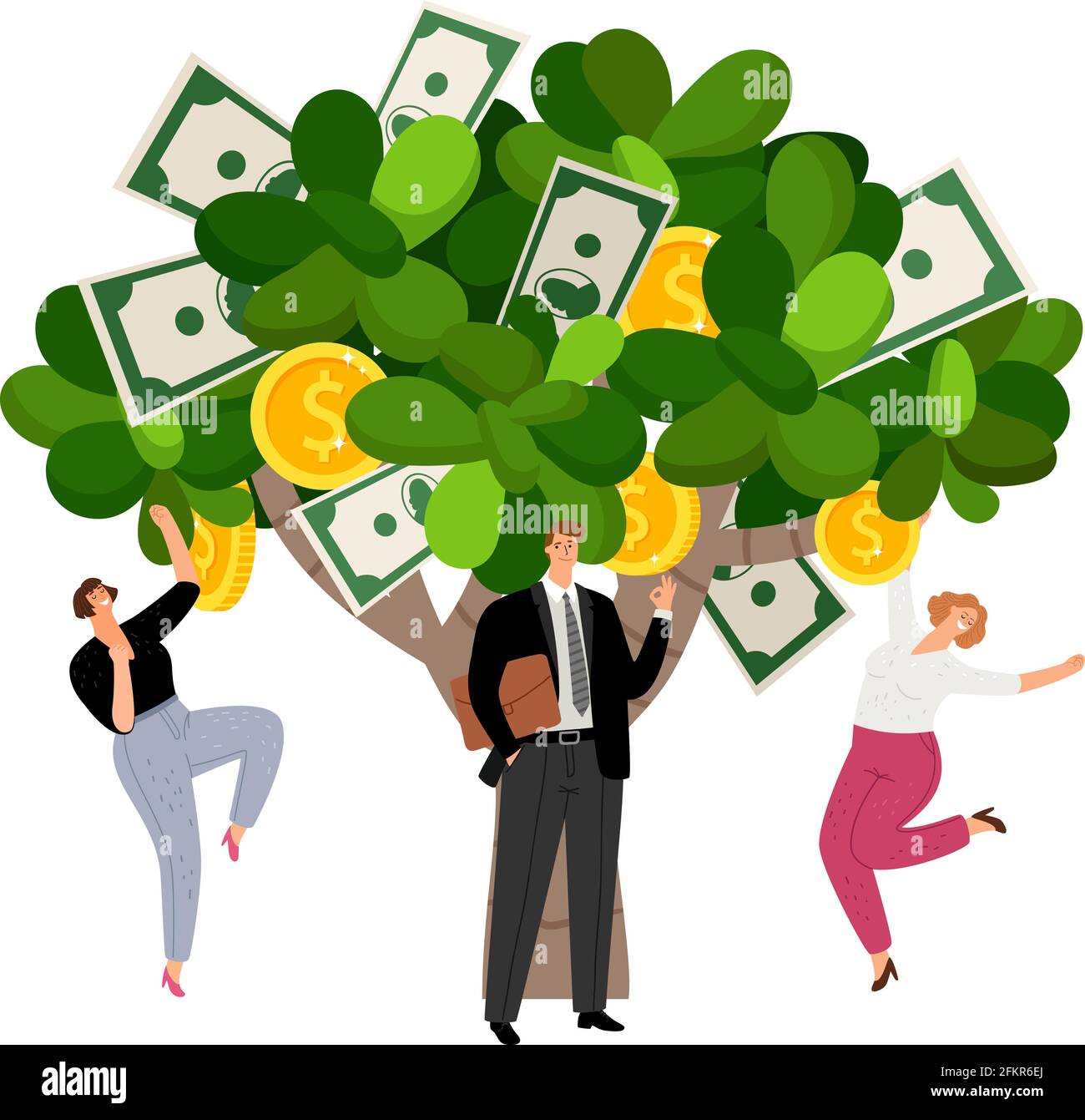 Investment profit. Happy business people and tree with money. Revenue ...