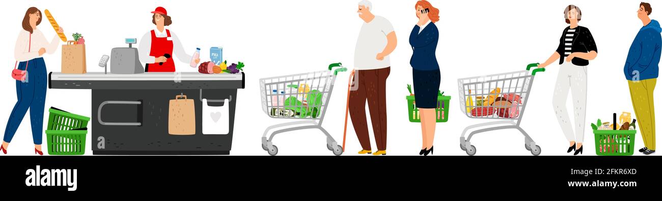 People queue in grocery. Food store, people with carts. Waiting line to ...