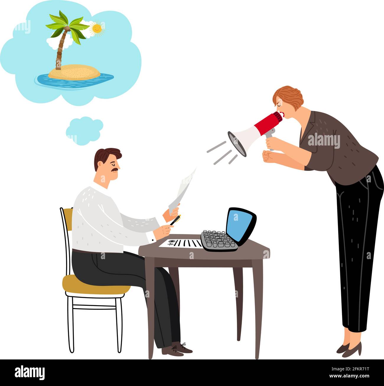 Manager dreaming about beach. Office worker keep calm when lady boss ...