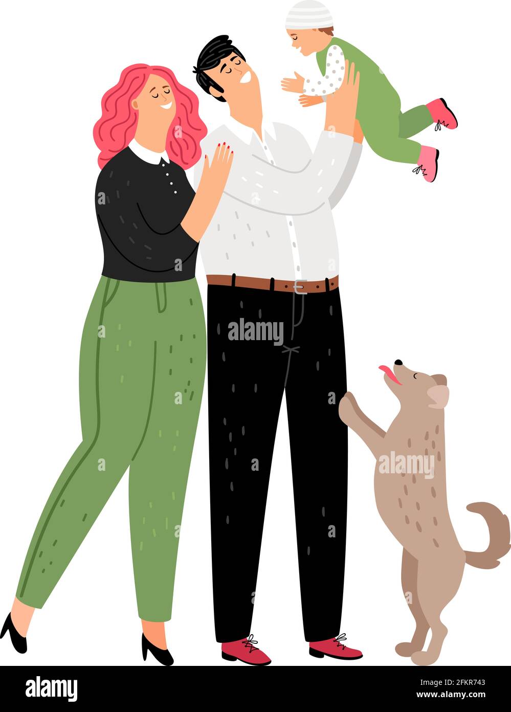 Parents and baby. Father mother dog and child. Isolated flat pet owners ...