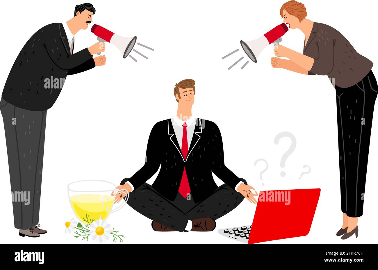 Man keep calm. Nervous managers with bullhorn or megaphone. Boss ...