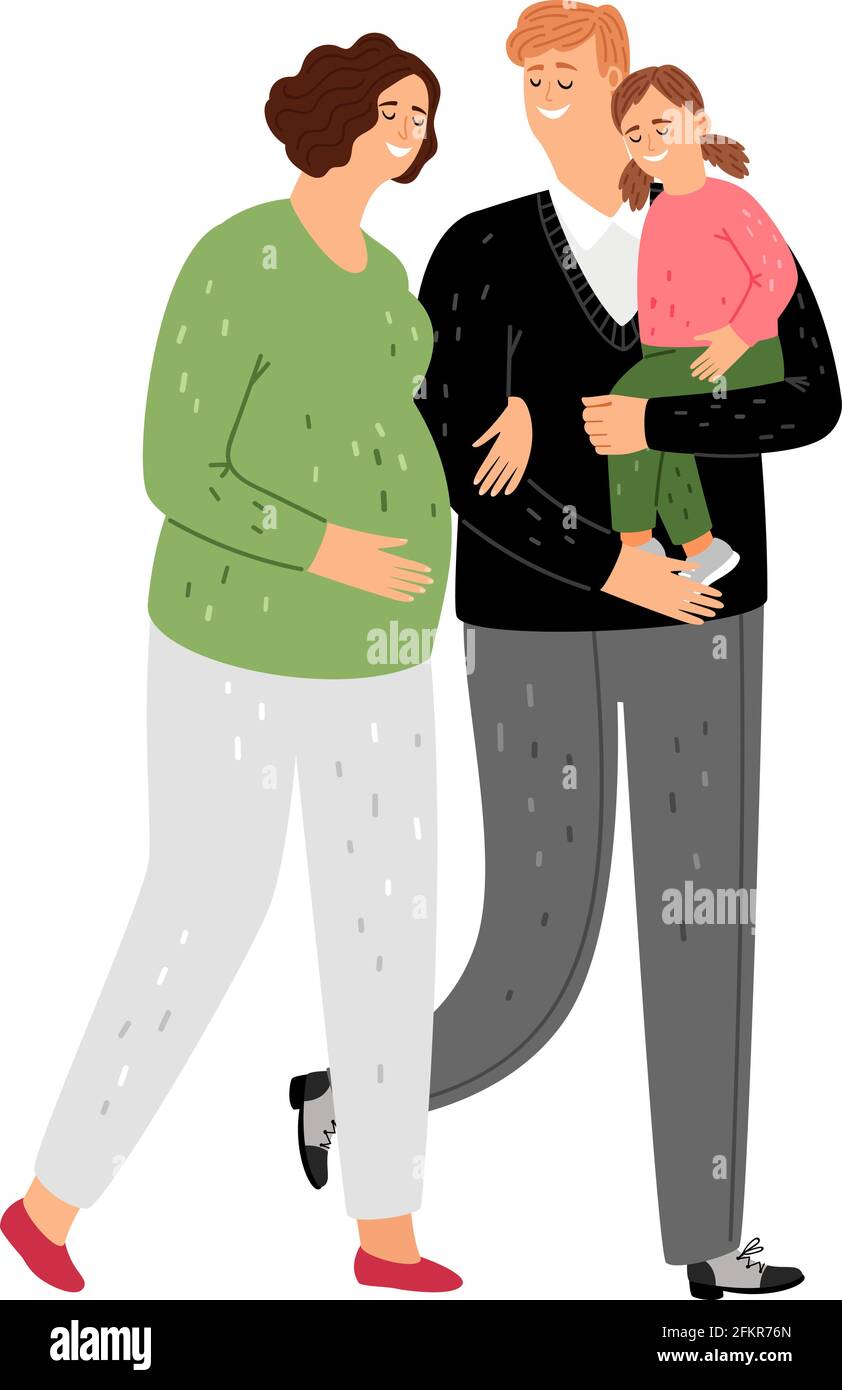 Pregnancy time. Cute cartoon flat couple with daughter. Parenthood and ...