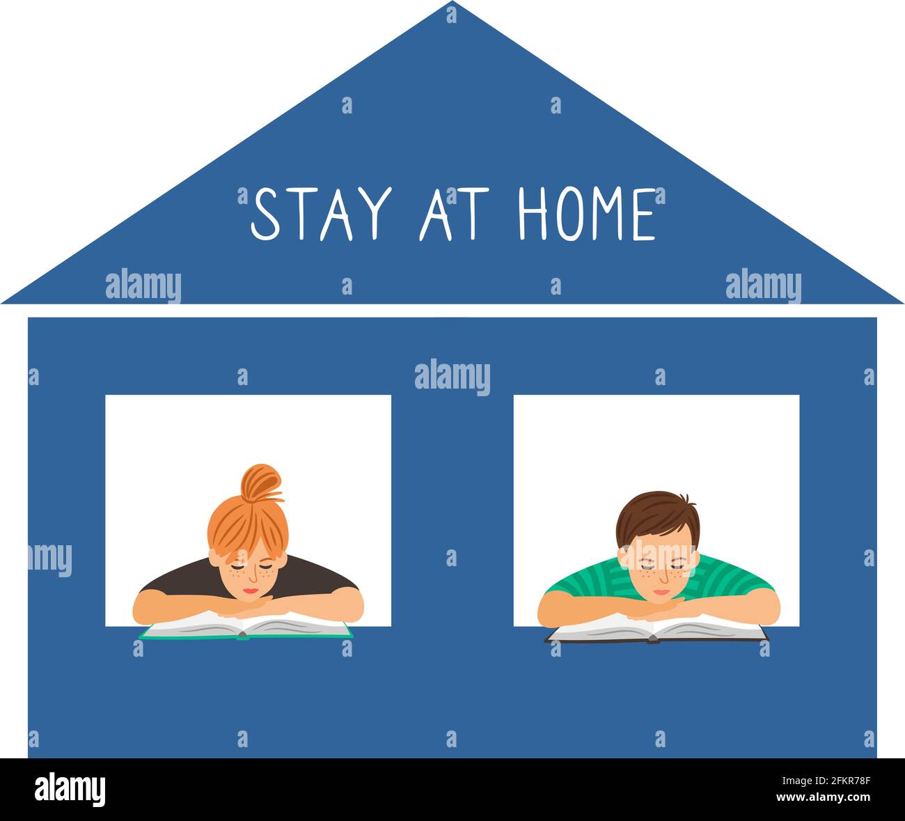 Stay at home. Reading kids, isolation period or qarantine. Be safe from ...