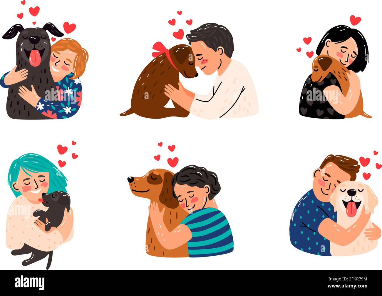Kids petting dogs. Children hugging dog pets vector illustration, happy ...