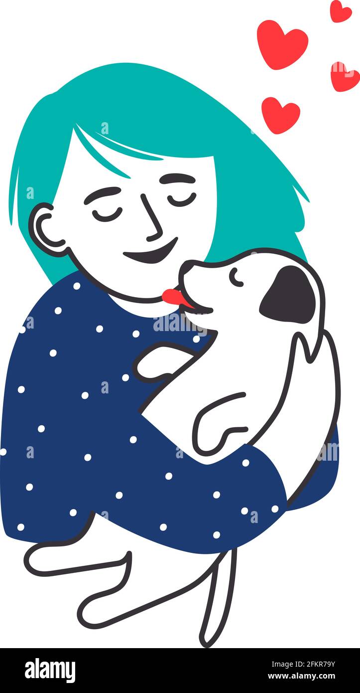 Girl hugs puppy. Hand drawn young girl or stylized woman kissing puppy ...