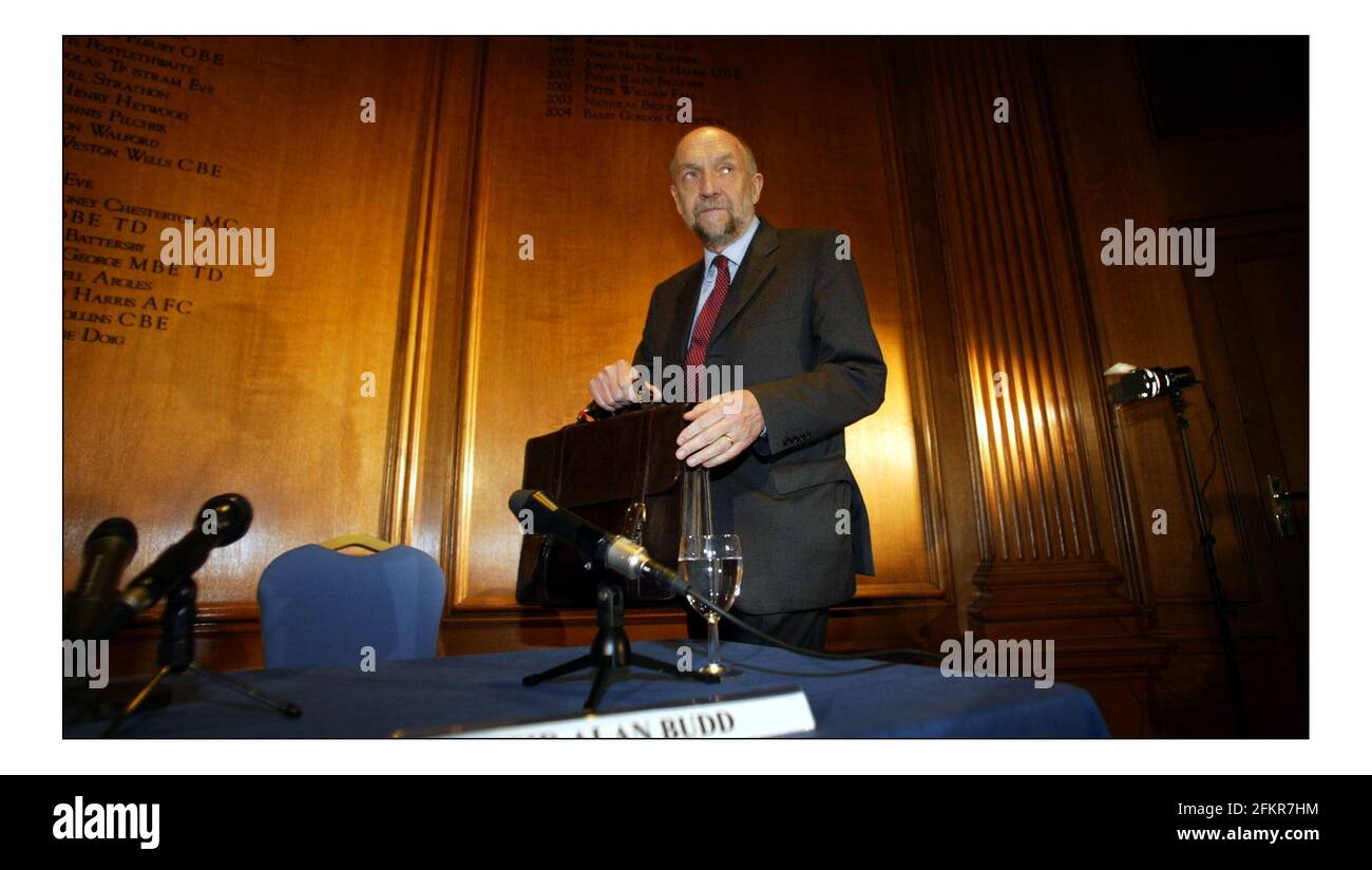 Sir Alan Budd at the press conf re the enquiery into allegations that ...