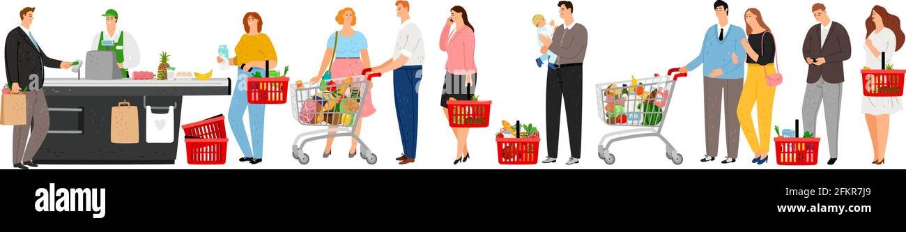 Grocery store queue. Man pay credit card on cash box. People with ...