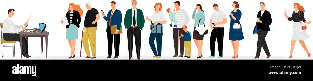 People queue. Man takes documents, secretary. Businesspeople, parents ...