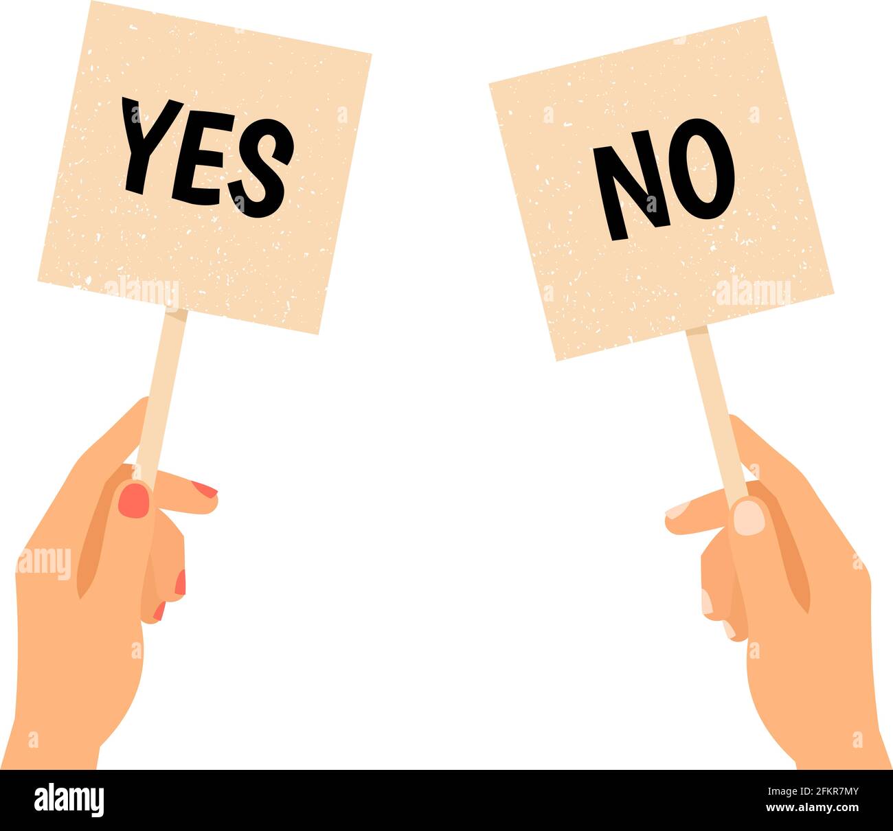 Yes no banners. Make your choice. Hands holding two posters for auction ...