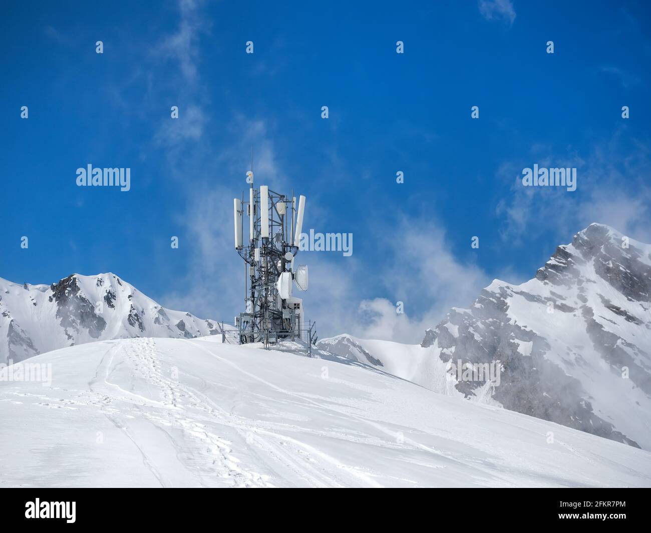 Antenna and Transceiver 5G, 4G on top of the mountains in winter with ...