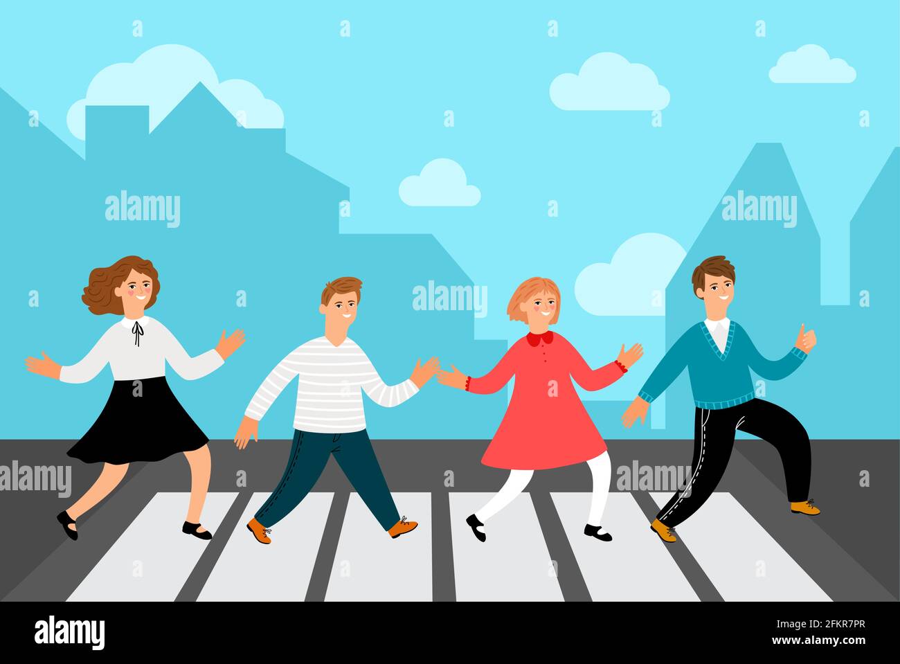 Children on crossroad. Traffic rules, group joyful kids cross road ...