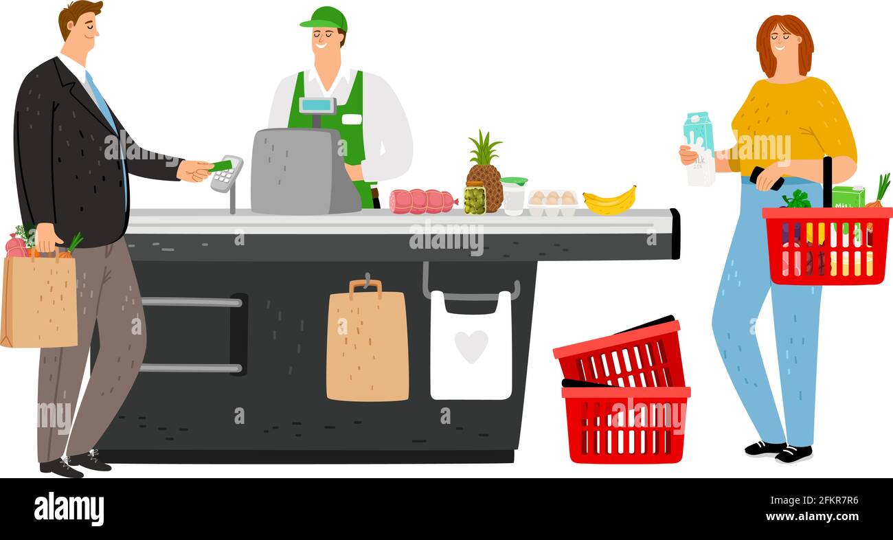 Man pay in grocery. Smile cashier, customer focus and courtesy. Woman ...