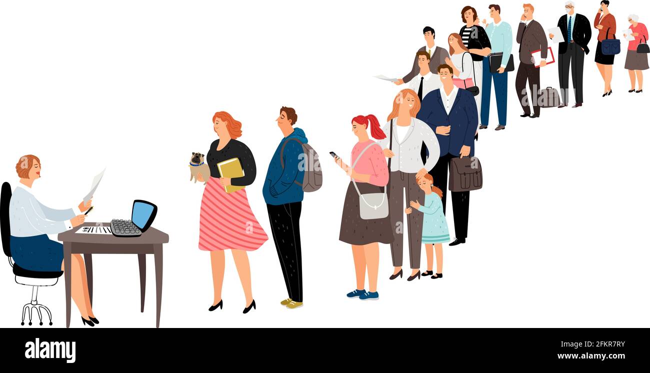 People queue. Service center, info point or reception. Woman man ...