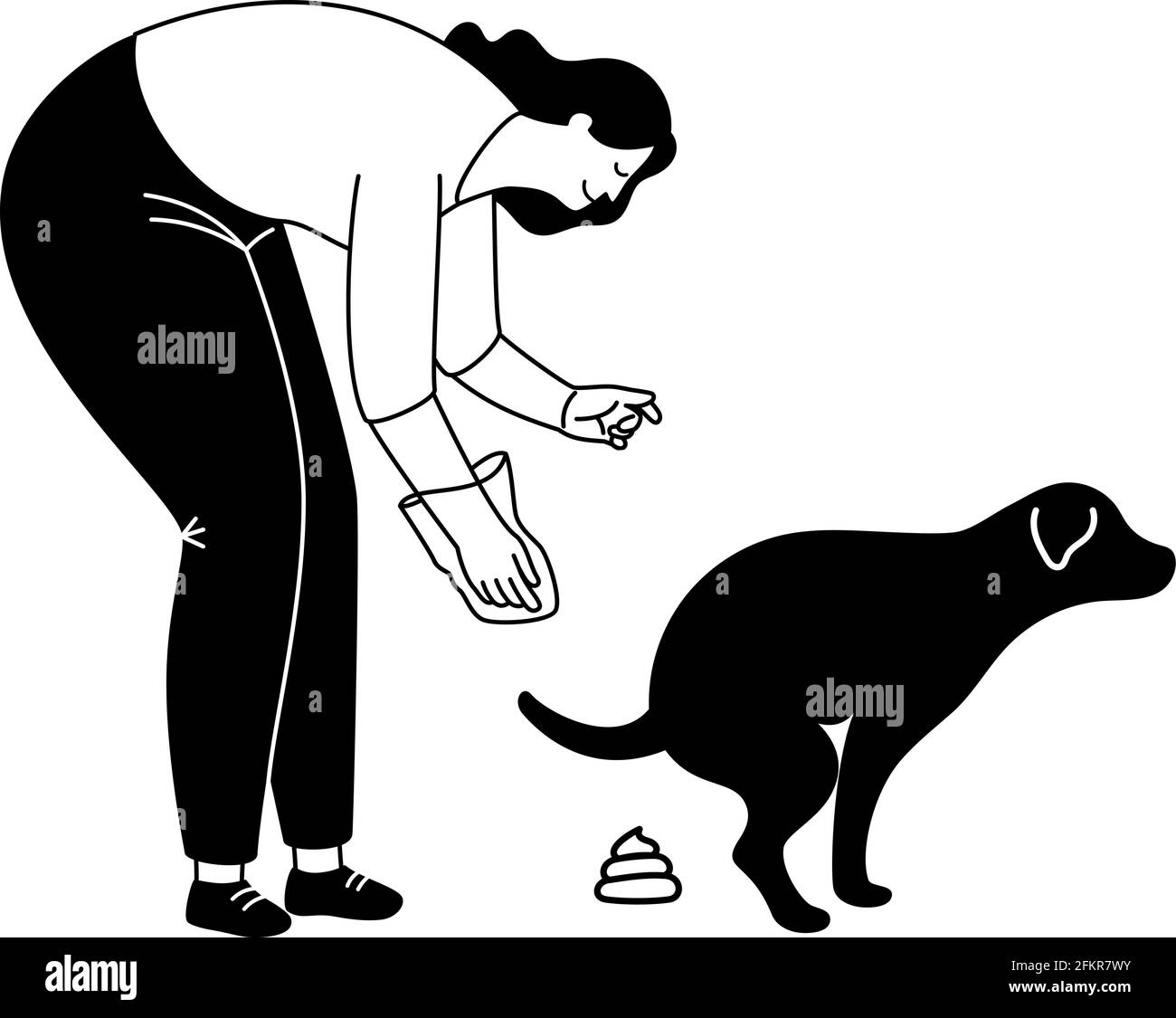 Clean after dog silhouette. Young woman clean up poo with canine bag ...