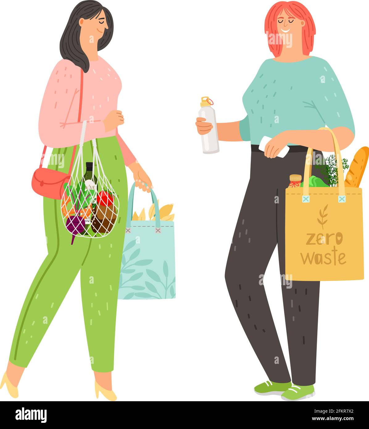Zero waste life style. Cartoon women with natural eco products in linen ...