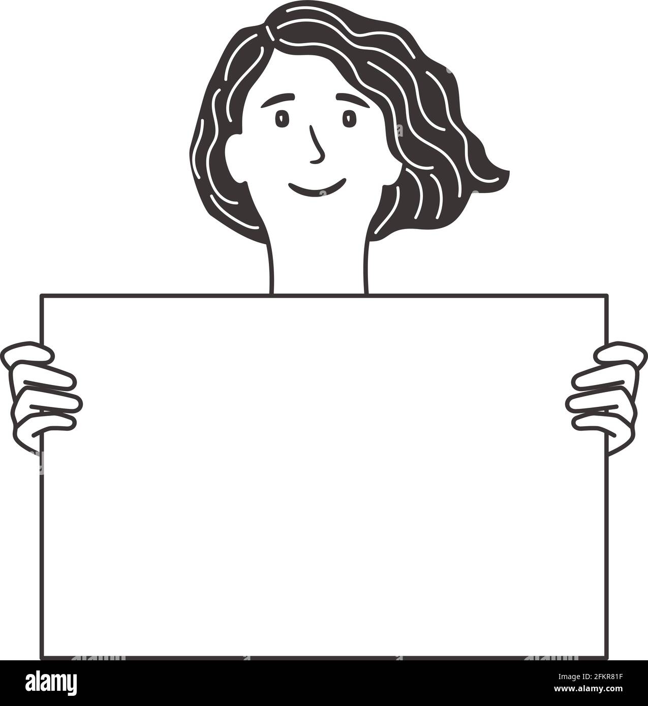 Girl holds blank poster. Young woman holding empty white paper sheet or ...