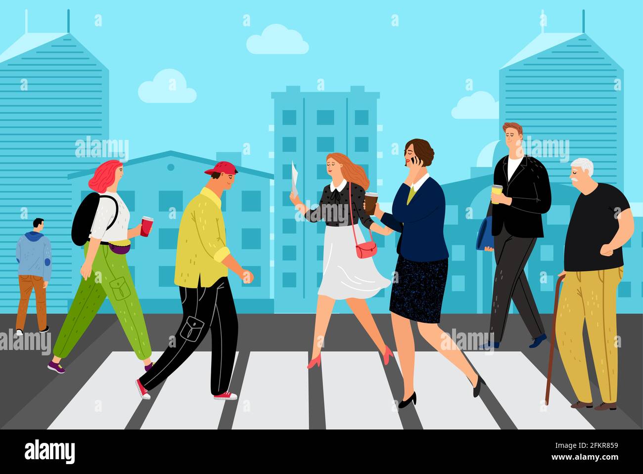 People on crossroad. Man woman crossing road on crosswalk. City street ...