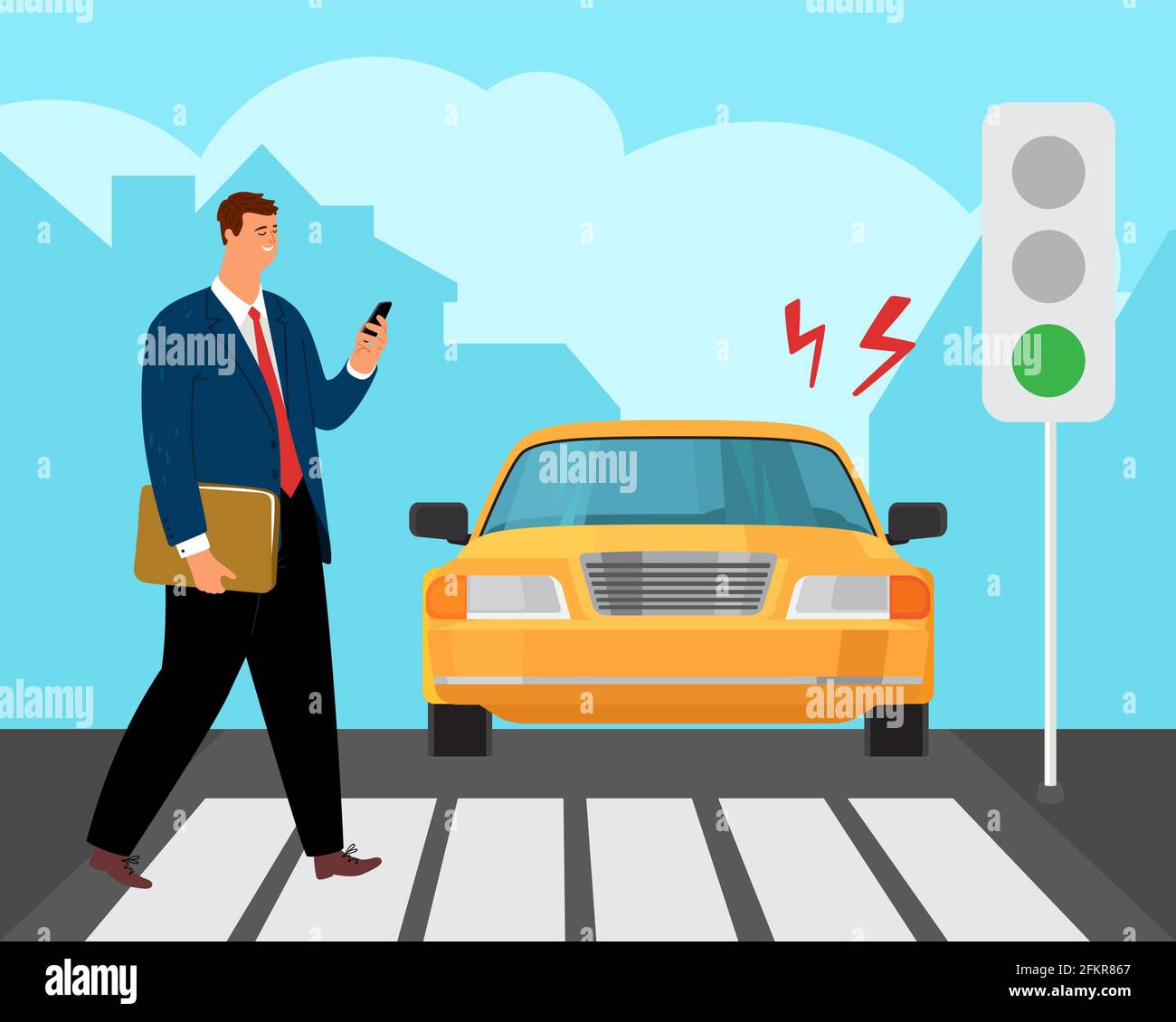 Pedestrian road accident. Man on crossroad look at phone. Green traffic ...