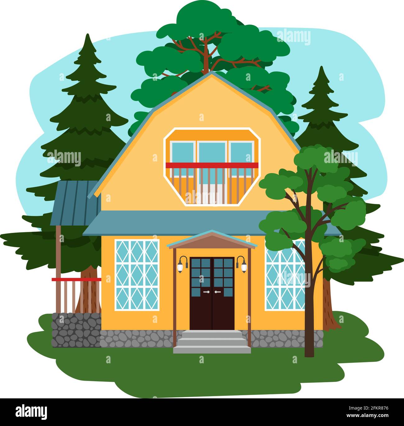 House in forest. Country cute house among trees, mysterious beautiful ...