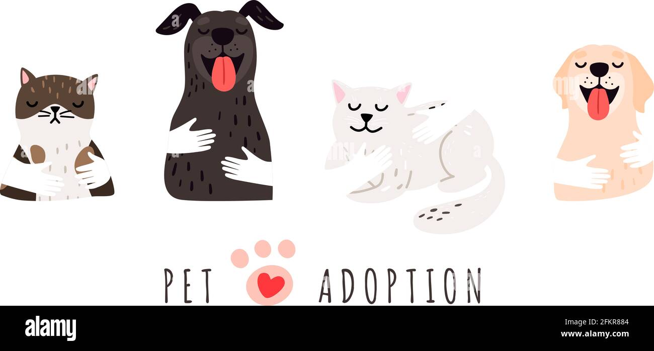 Pet adoption. Hands holding dogs cats, shelter banner. Isolated cute ...