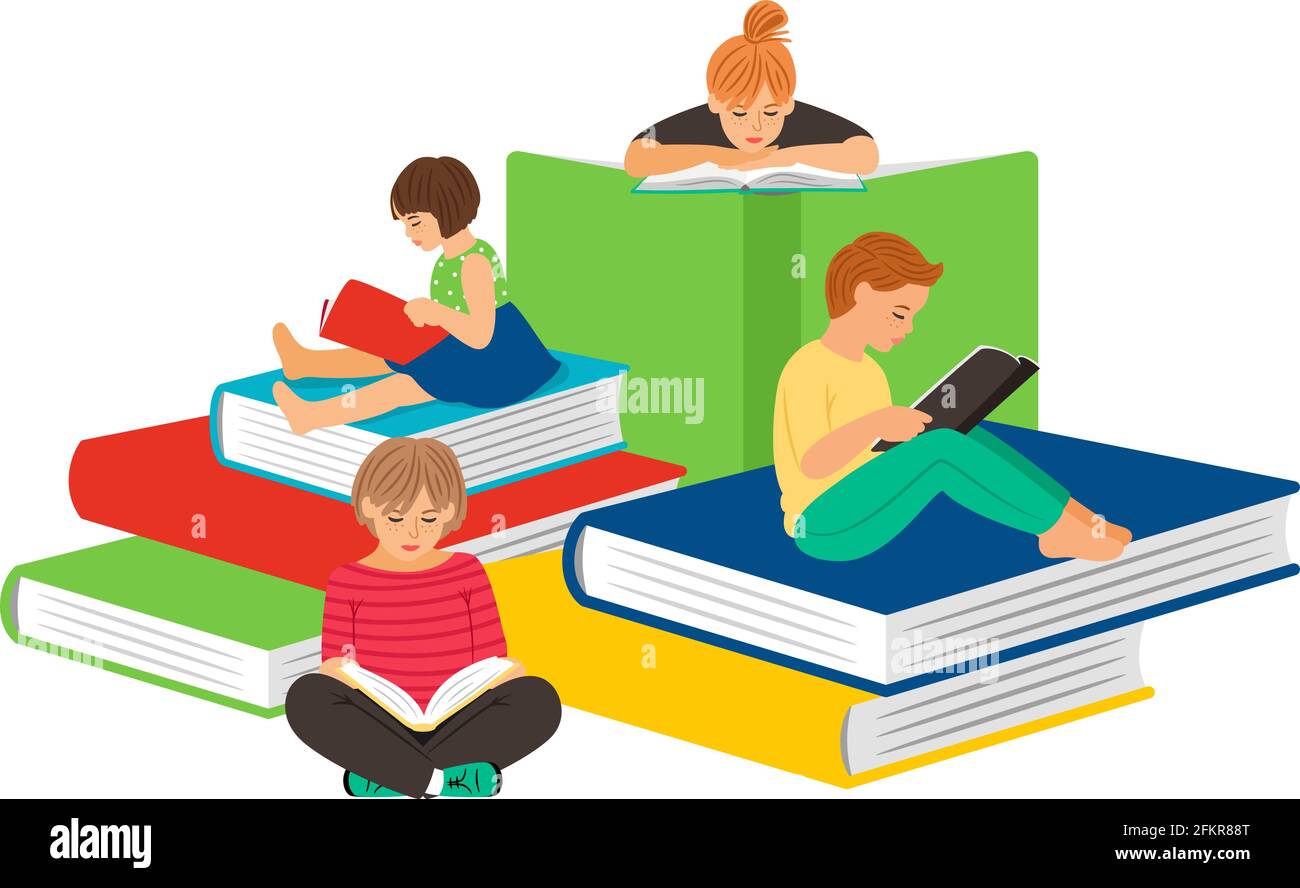 Kids reading. Stay home, children with books. Boy girl read fairy tales ...