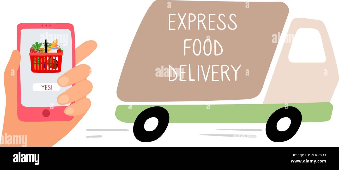 Food delivery. Hand choose goods online. Cartoon delivery truck in road ...