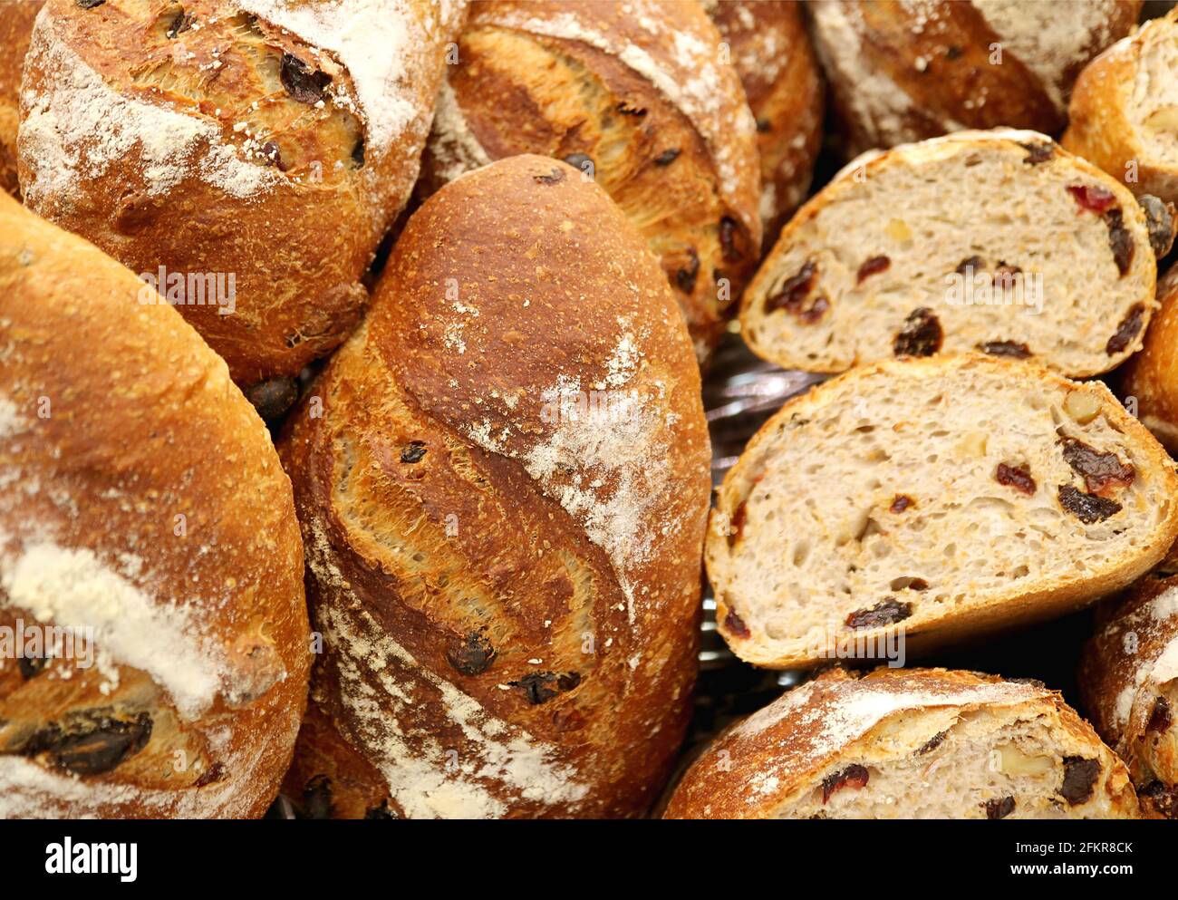 Heap of delectable raisin and walnut whole wheat Breads Stock Photo - Alamy