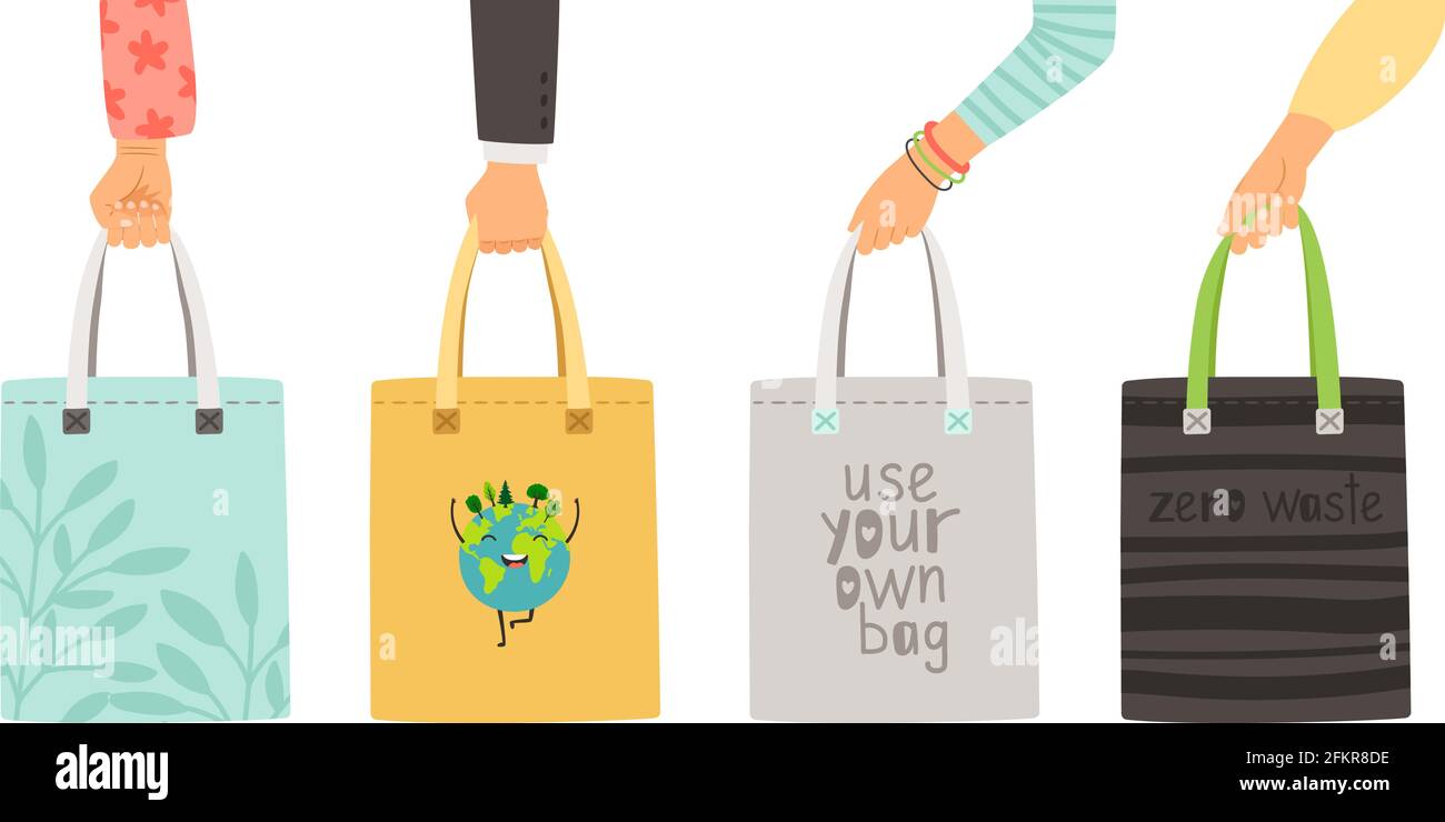 Zero waste bags. Arms holding own reusable bag poster, hand drawn ...