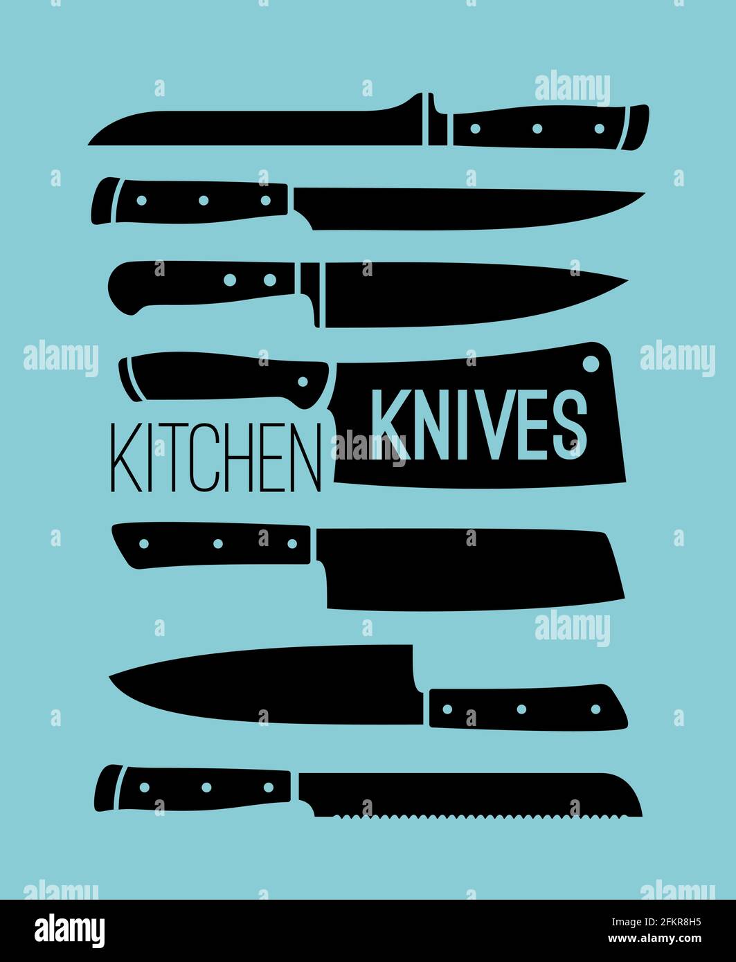 Kitchen knives collection. Poster for butcher with steel wares, chef ...
