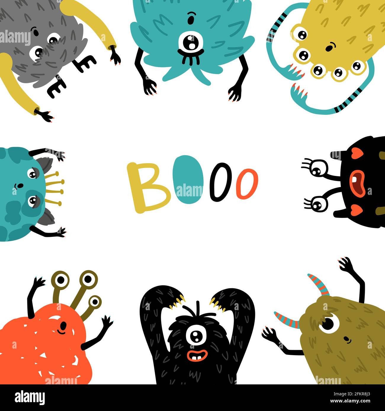 Cartoon monsters frame. Mascot humor characters round template, little ...