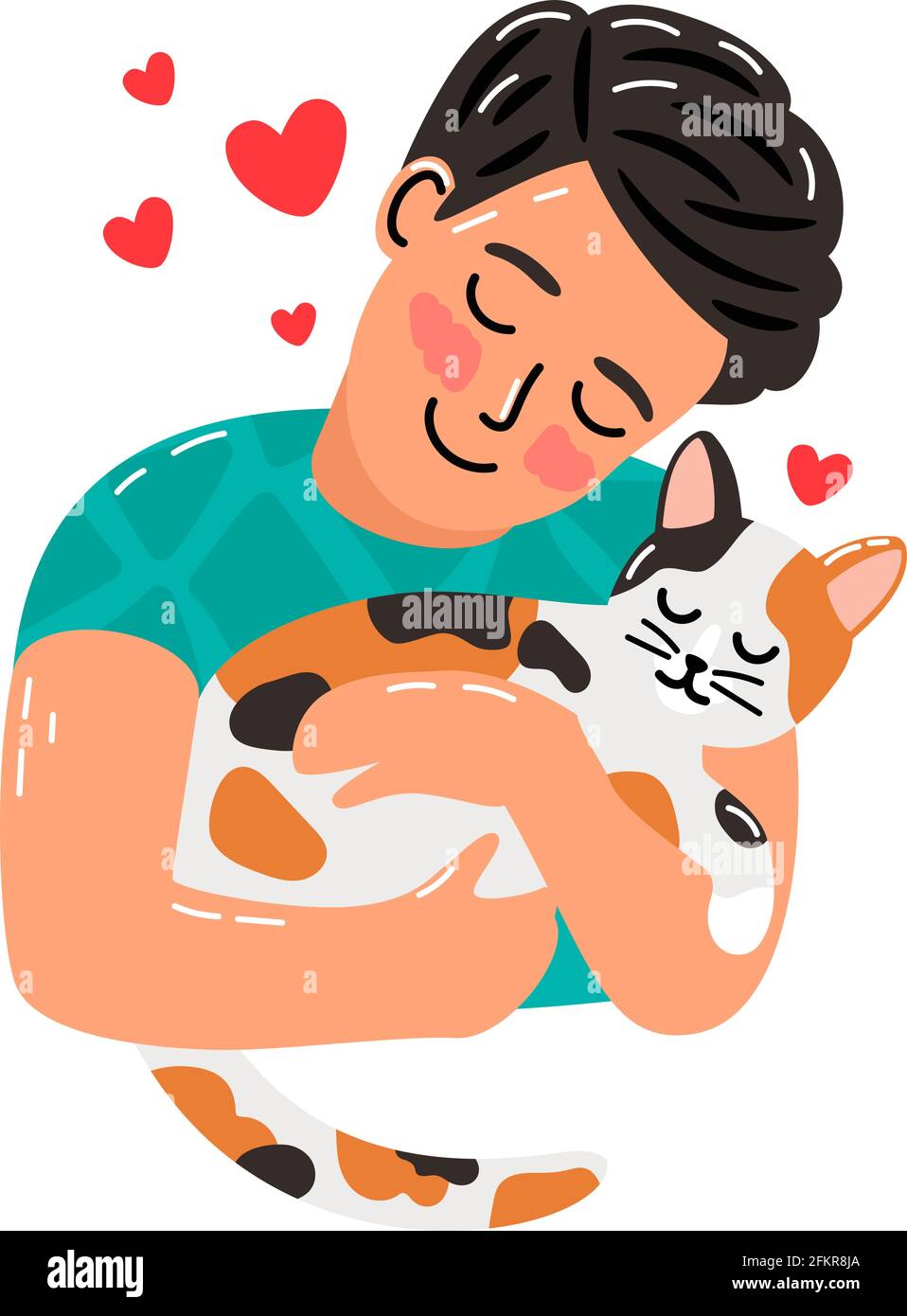 Pet owner man and cat. Boy hugging little kitten vector icon isolated ...