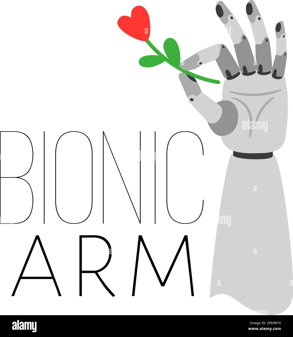 Bionic arm. Metallic cybernetic hand hold flower with red heart, modern ...