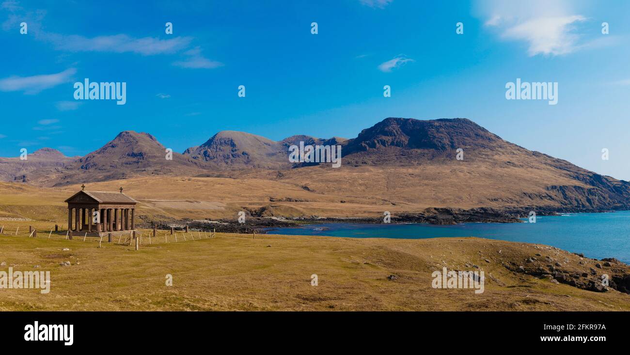 A panoramic of The Bullough Mausoleum and the Rum Cuillin hills, Harris ...