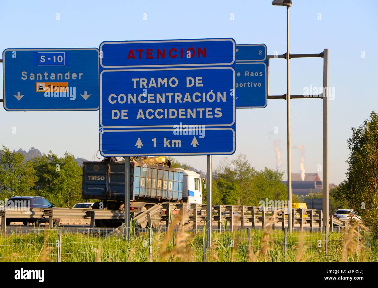 Santander Cantabria Spain motorway signs at a blackspot on the S-10 ...