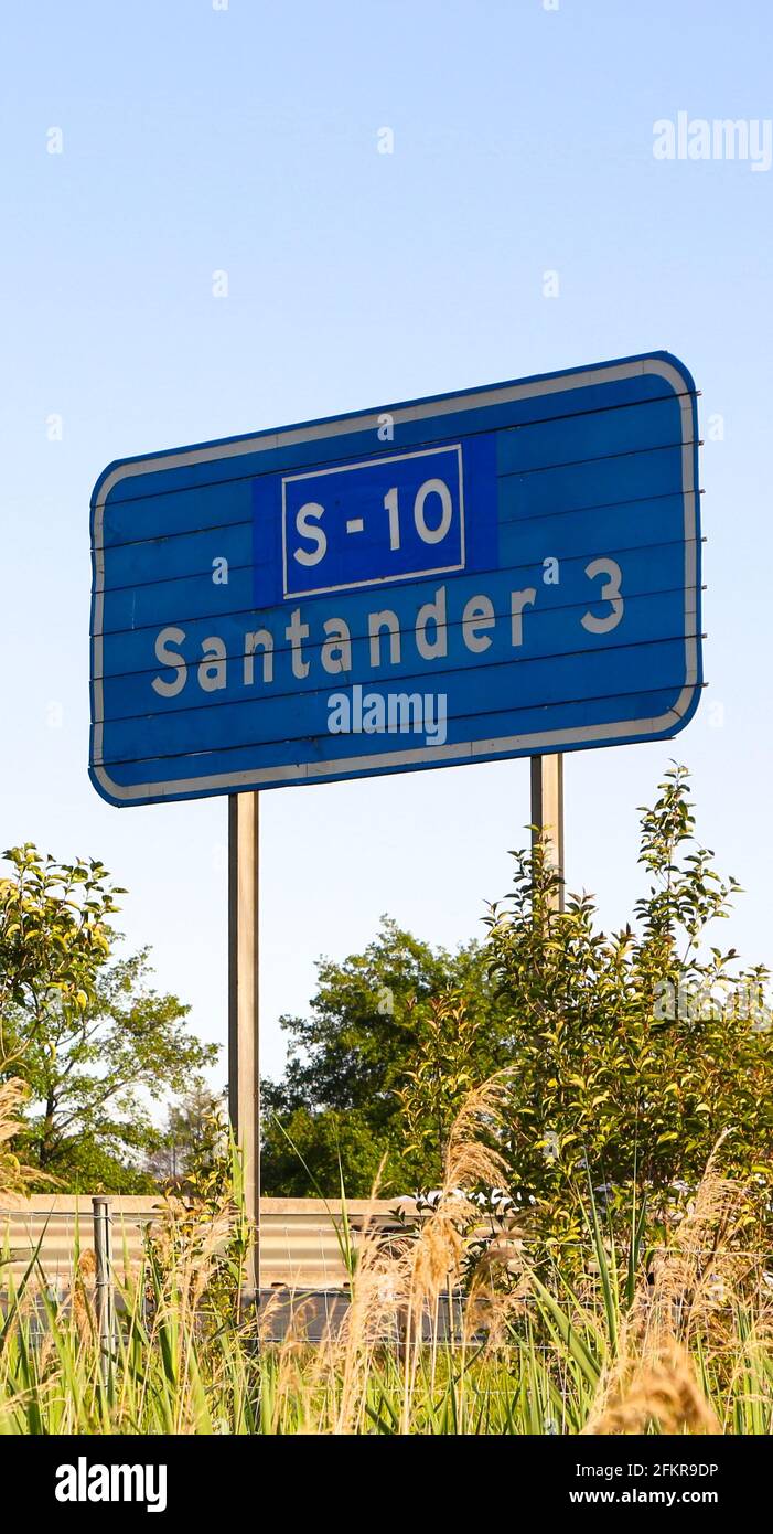 Blue 3 kilometres to Santander Cantabria Spain roadside motorway sign ...